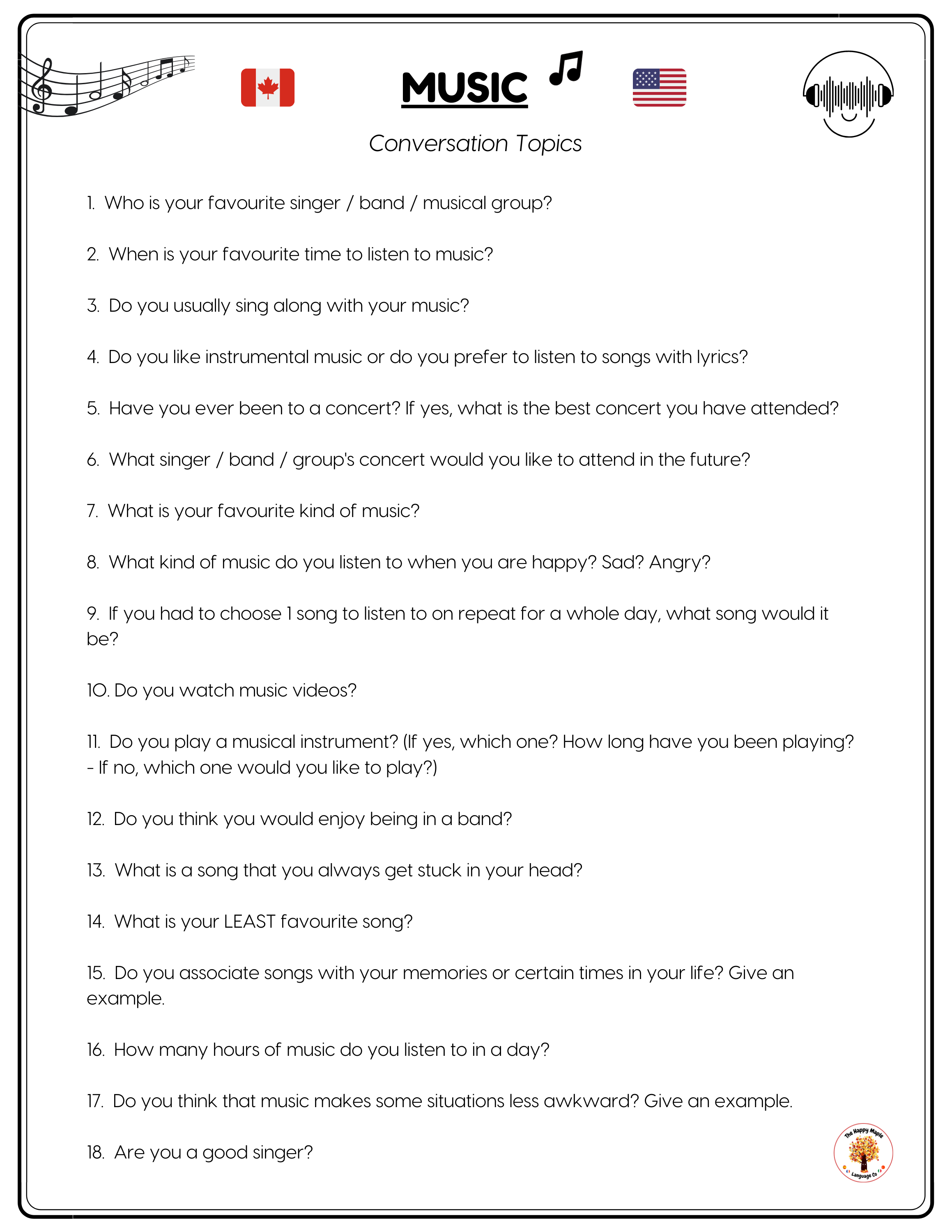 English ESL Conversation Questions Music The Happy Maple Language Co English ESL Conversation Questions Music The Happy Maple Language Co