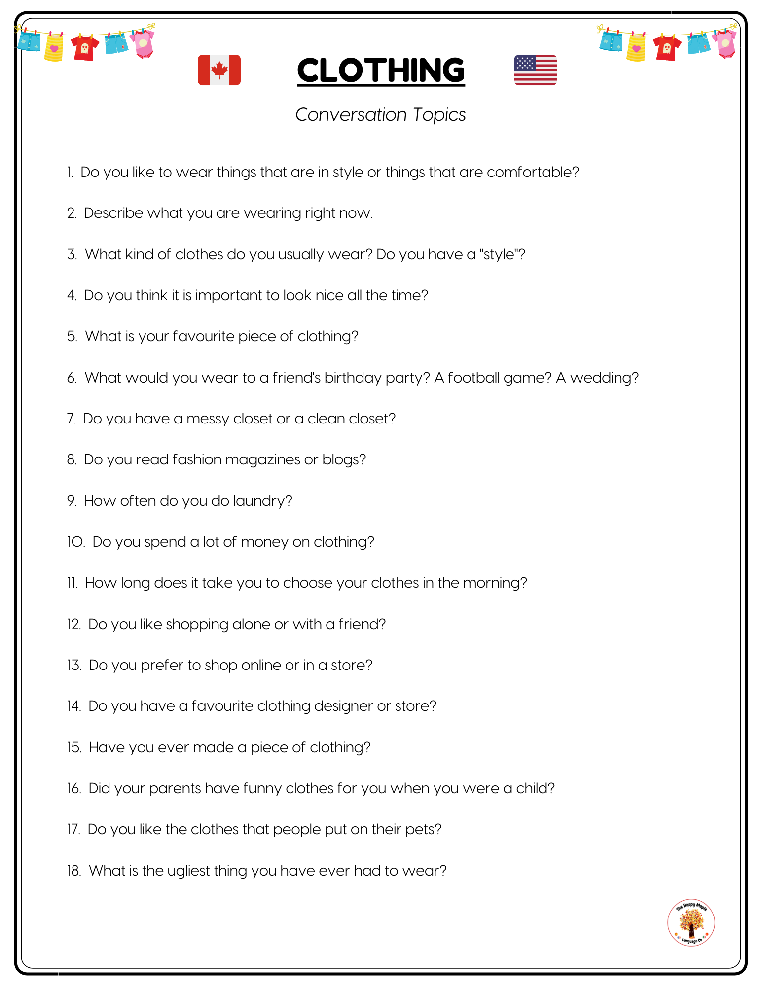 English ESL Conversation Questions Clothing The Happy Maple Language Co