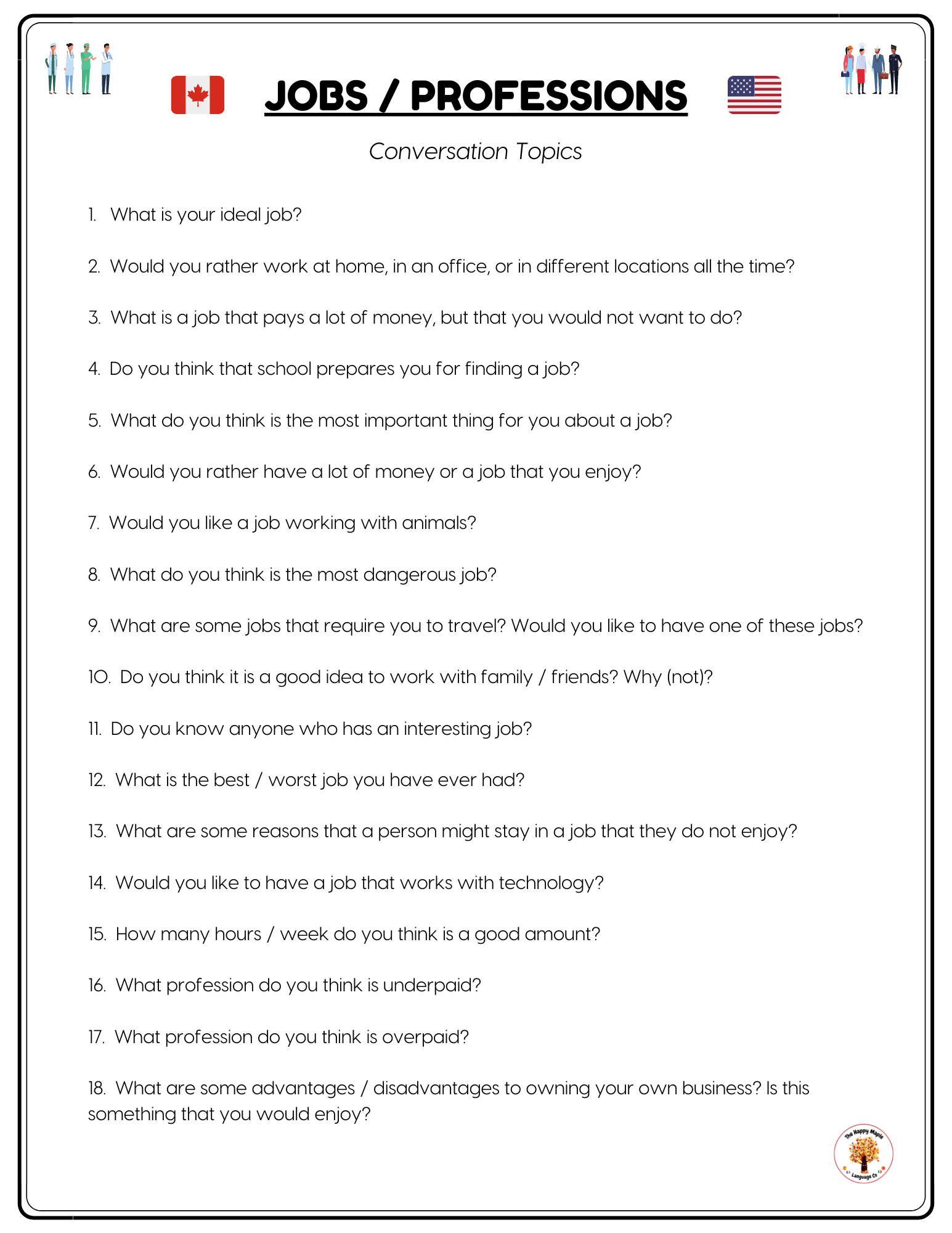 English ESL Conversation Questions Jobs Professions The Happy