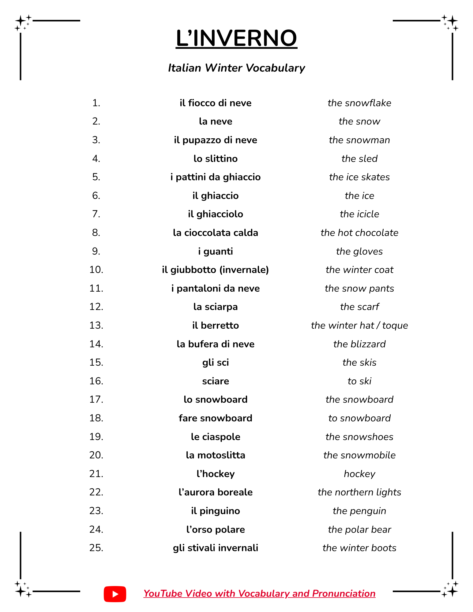 Italian Winter Vocabulary - L'inverno - The Happy Maple Language Co