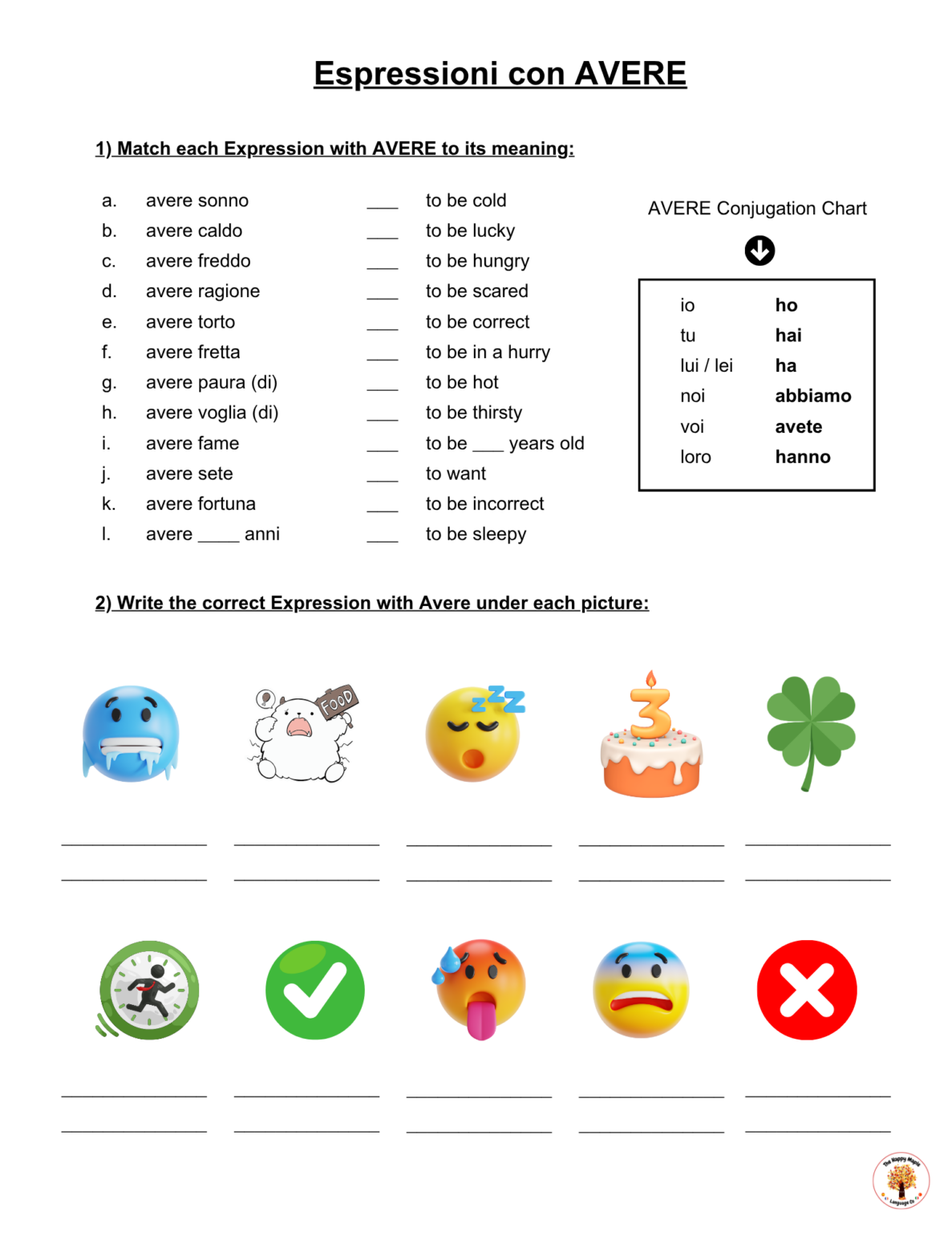 Italian Expressions with Avere - Vocabulary List - The Happy Maple ...